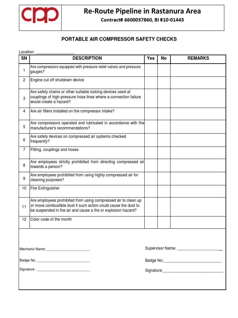 Air Compressor Checklist | PDF