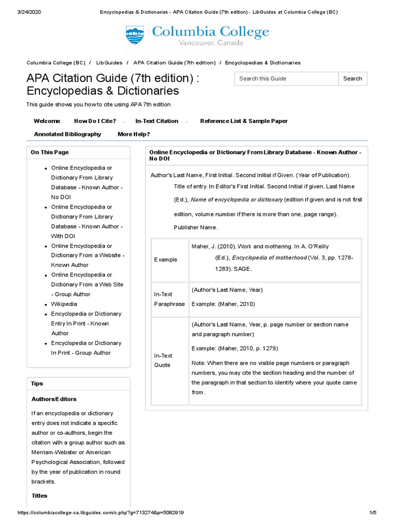 Encyclopedias & Dictionaries - APA Citation Guide (7th Edition ...