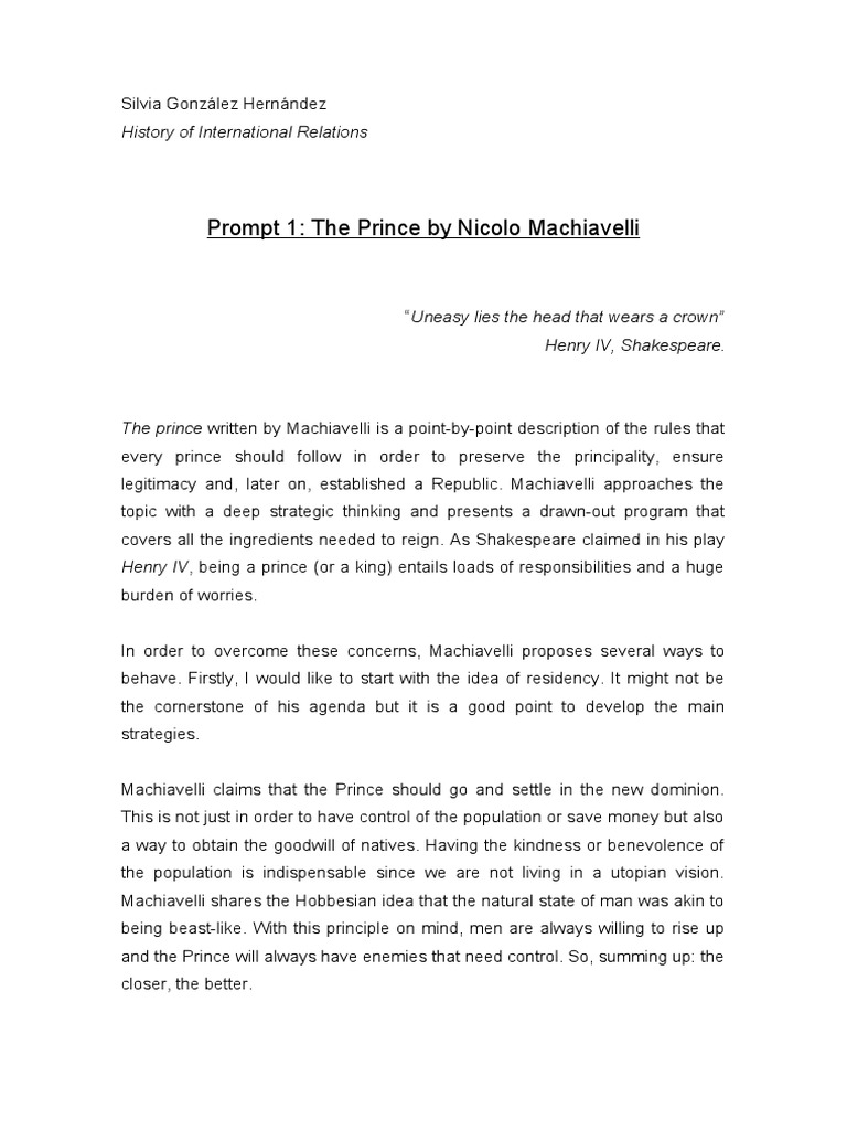 Prompt 1: The Prince by Nicolo Machiavelli: History of International ...
