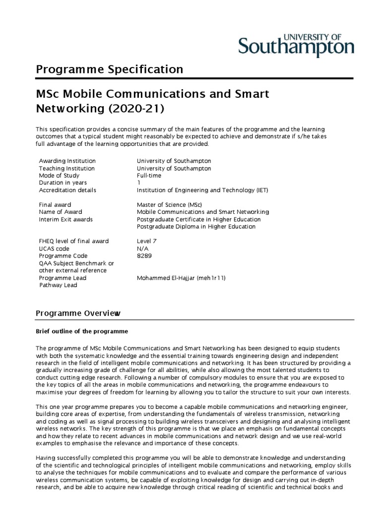 Programme Specification MSC Mobile Communications and Smart Networking ...