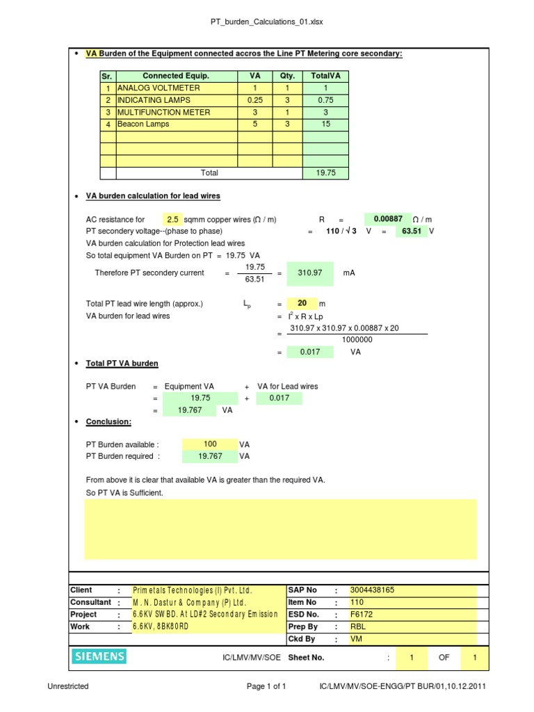 PT Burden Calculations 01 PDF | PDF | Electrical Resistance And ...