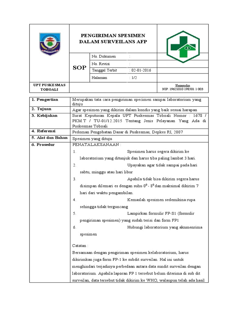 Sop Pengiriman Spesimen Afp | PDF