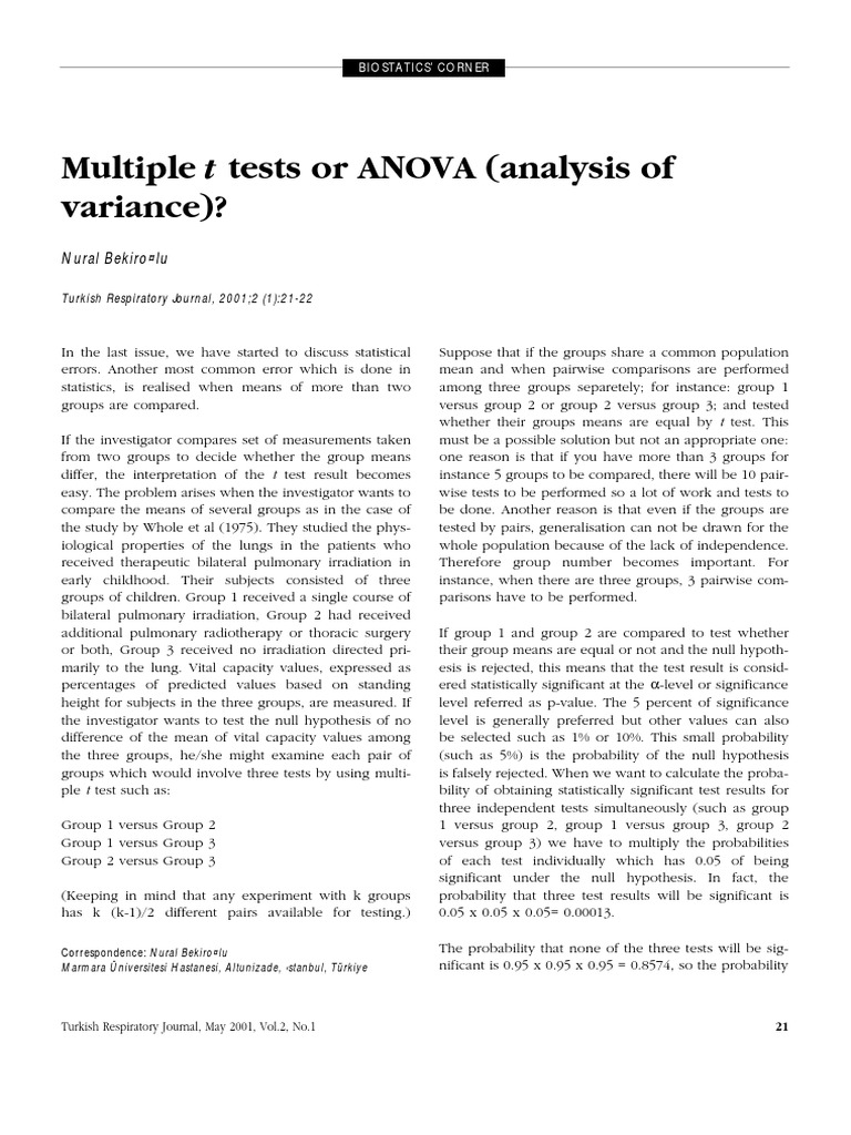 Multiple T Tests or ANOVA (Analysis of Variance) ?: Nural Bekiro Lu ...