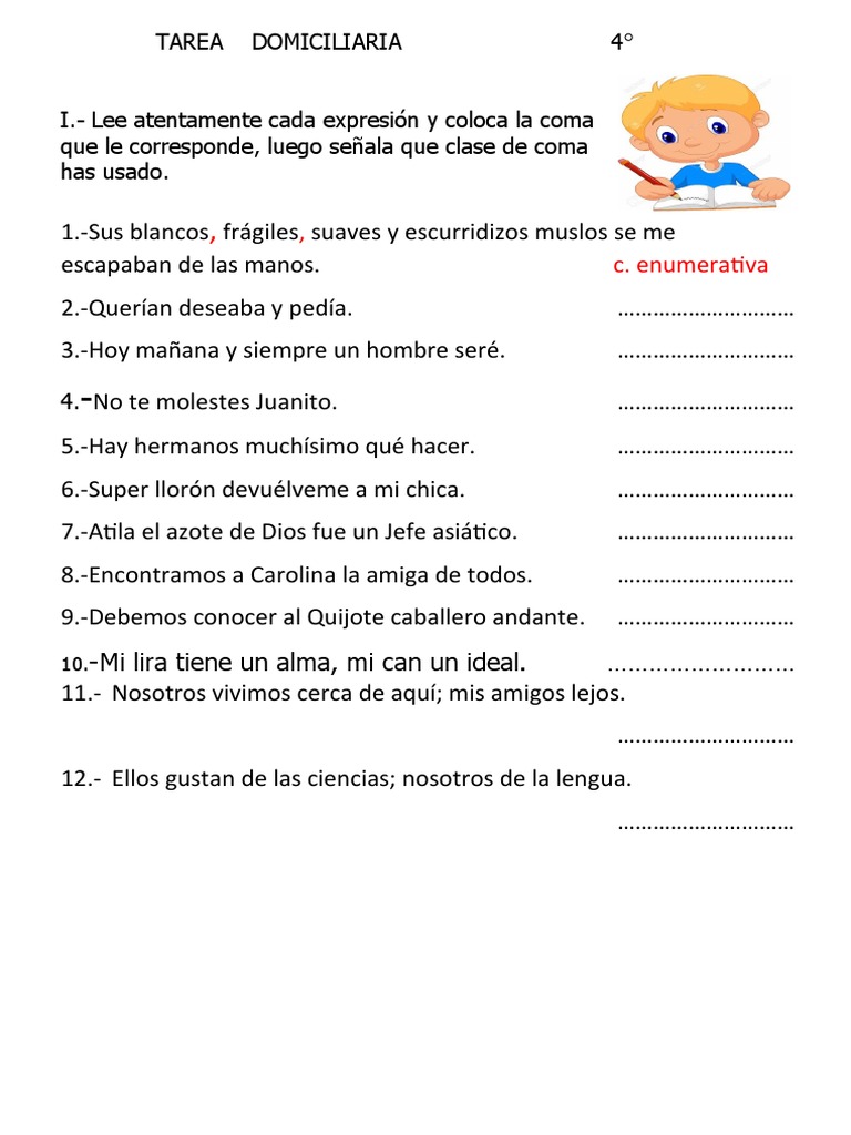 Comas y puntuación: identificando tipos de comas en oraciones | PDF