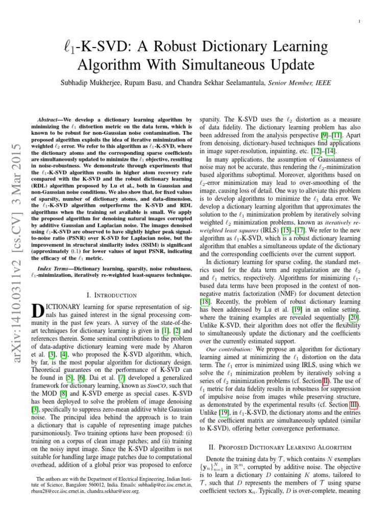K-SVD: A Robust Dictionary Learning Algorithm With Simultaneous Update | PDF | Theoretical ...