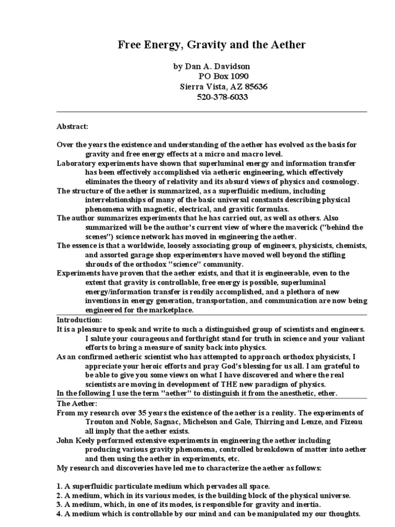 Free Energy, Gravity and The Aether | PDF | Luminiferous Aether | Atoms