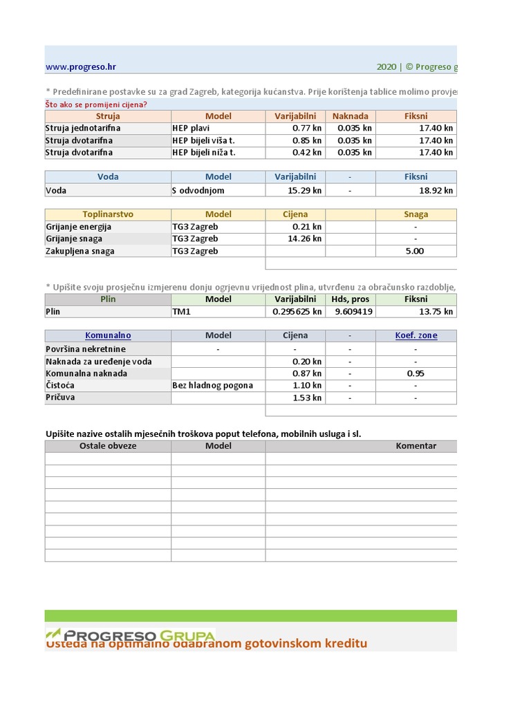 Tablica Evidencija Rezija Progreso Grupa 2020 | PDF