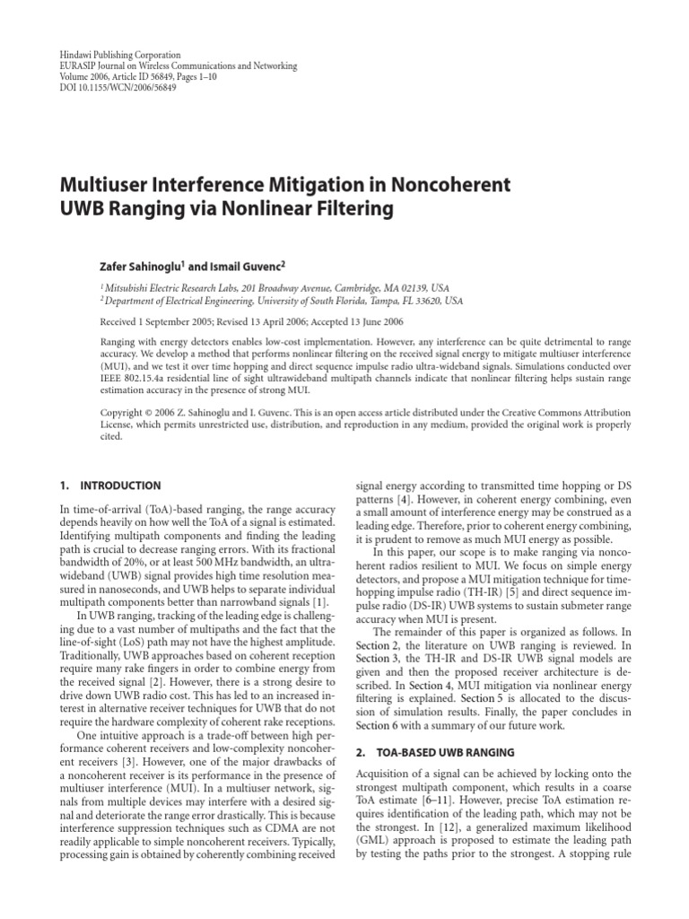 Multiuser Interference Mitigation in Noncoherent Uwb Ranging Via Nonlinear Filtering | PDF ...