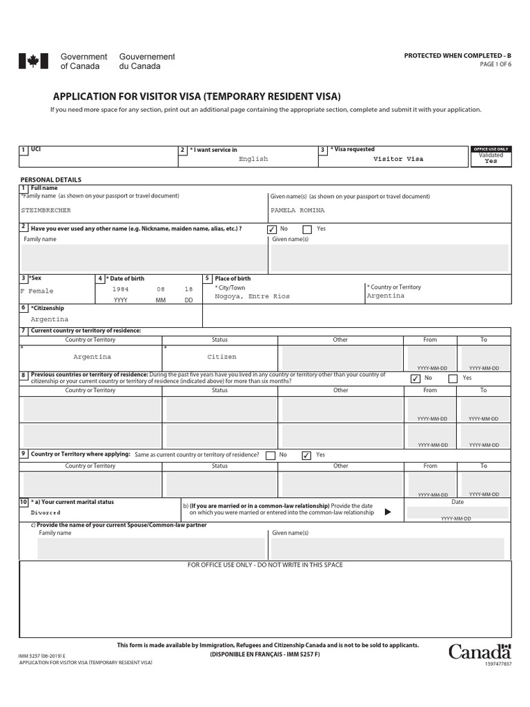 Application For Visitor Visa (Temporary Resident Visa) : Protected When ...
