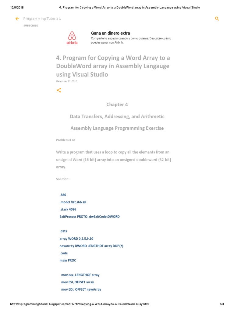 Program For Copying A Word Array To A DoubleWord Array in Assembly Langauge Using Visual Studio ...