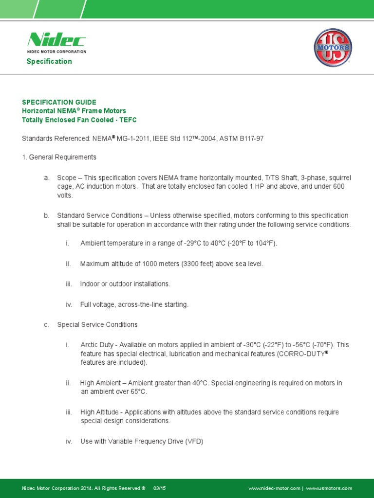Specification: Specification Guide Horizontal NEMA Frame Motors Totally ...