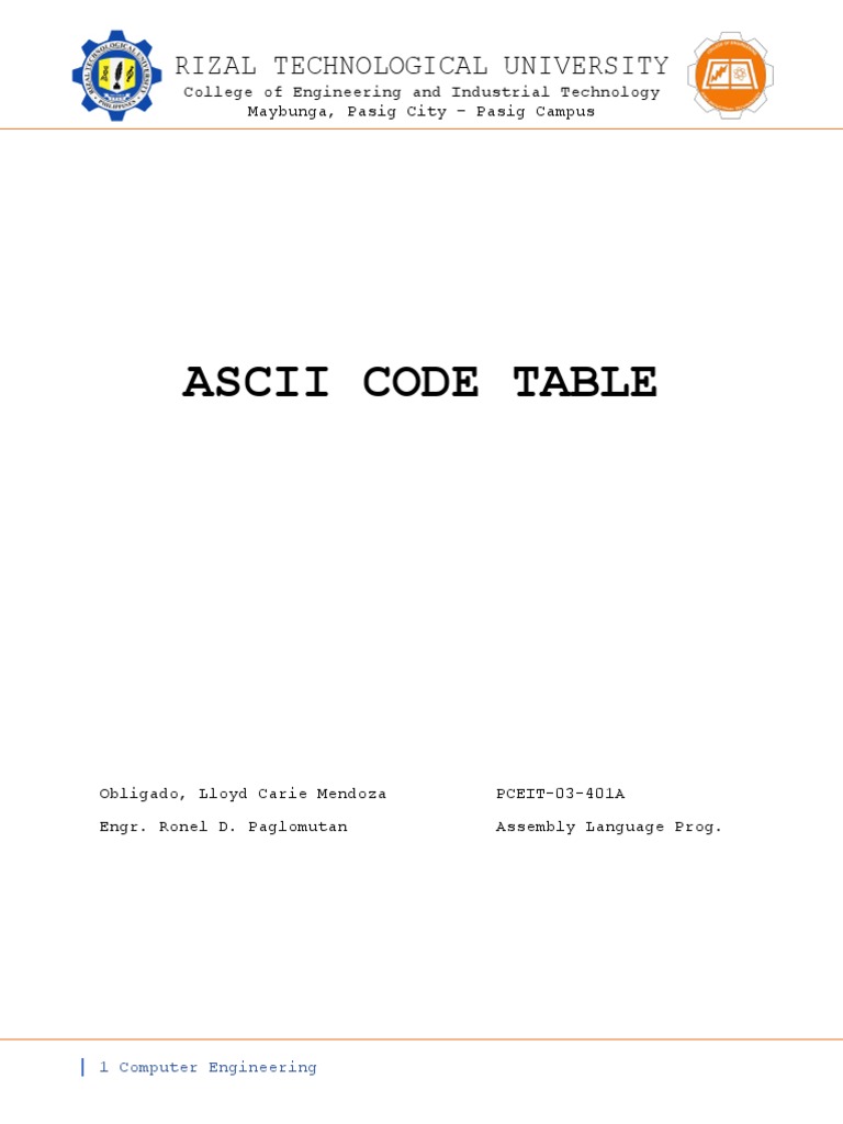 Ascii Code Table: Rizal Technological University | PDF | Ascii ...