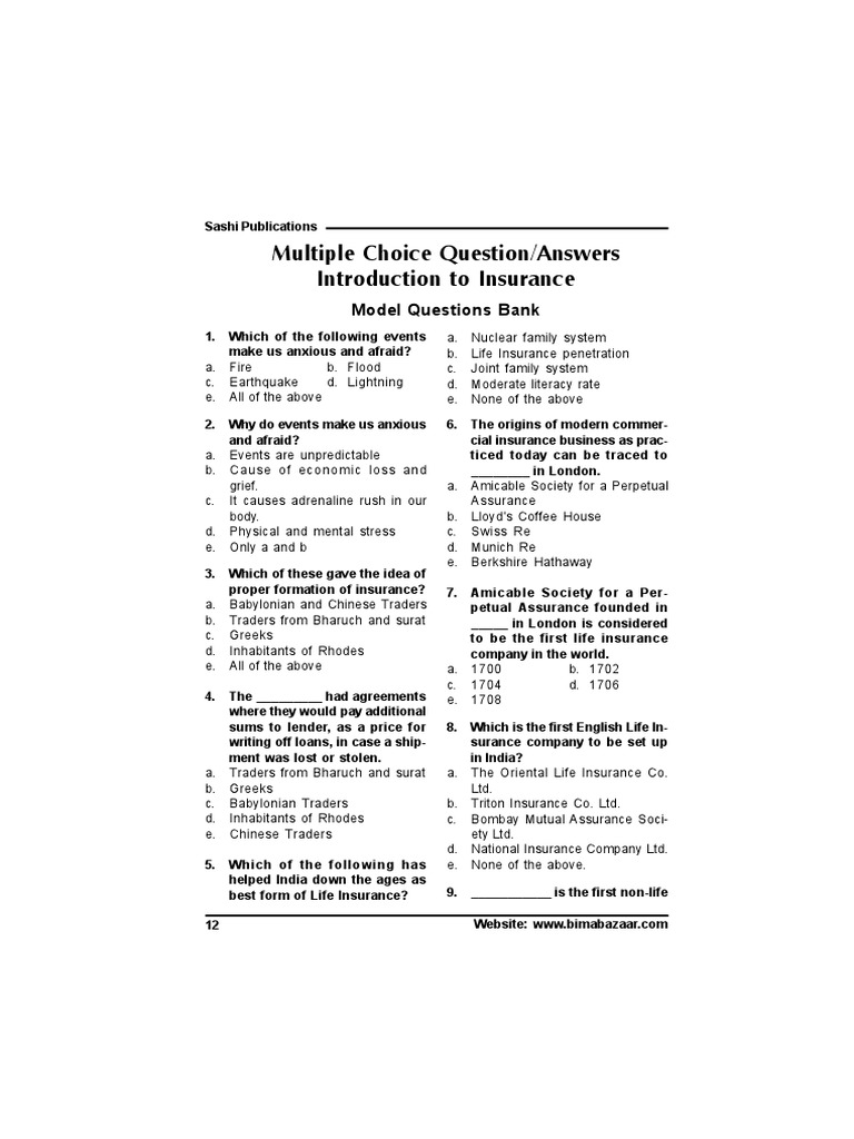 Multiple Choice Question/Answers Introduction To Insurance: Model ...