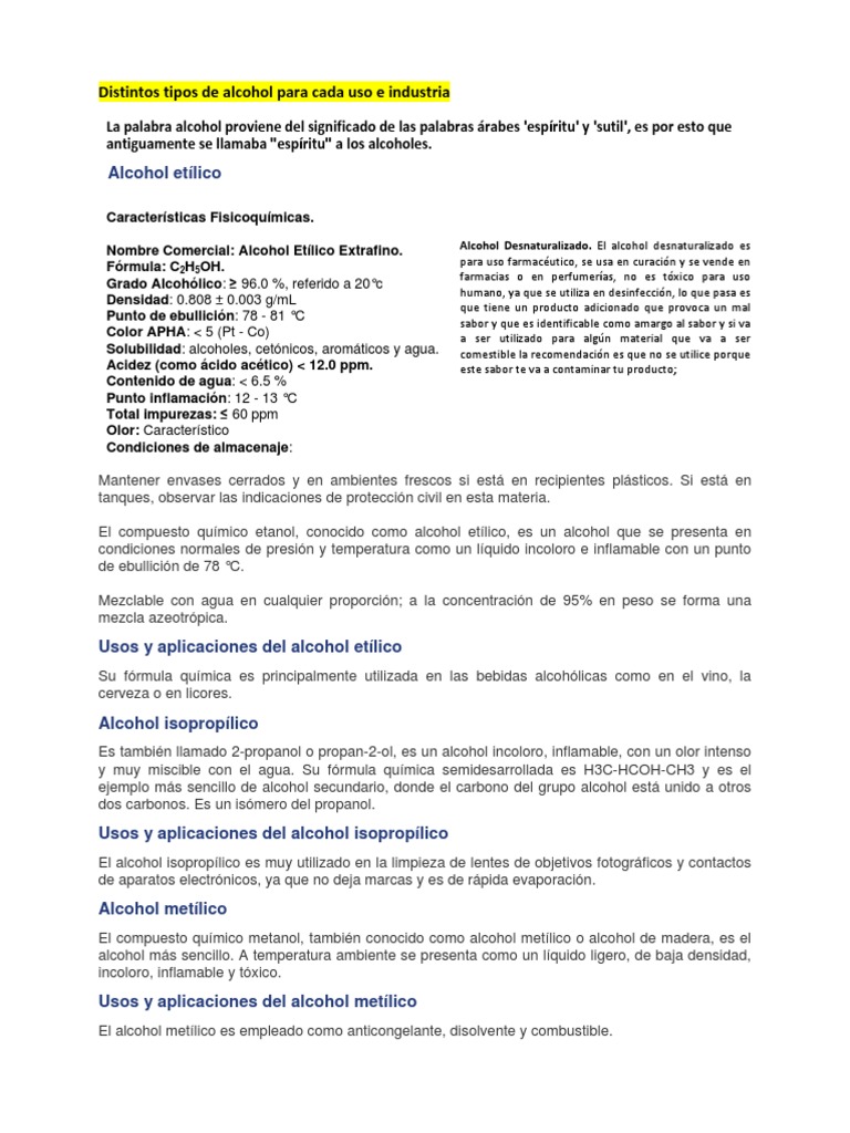 Distintos Tipos de Alcohol para Cada Uso e Industria | PDF | Etanol ...