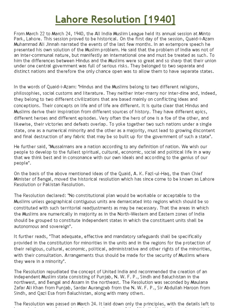Lahore Resolution 1940 | Download Free PDF | Muhammad Ali Jinnah | All ...