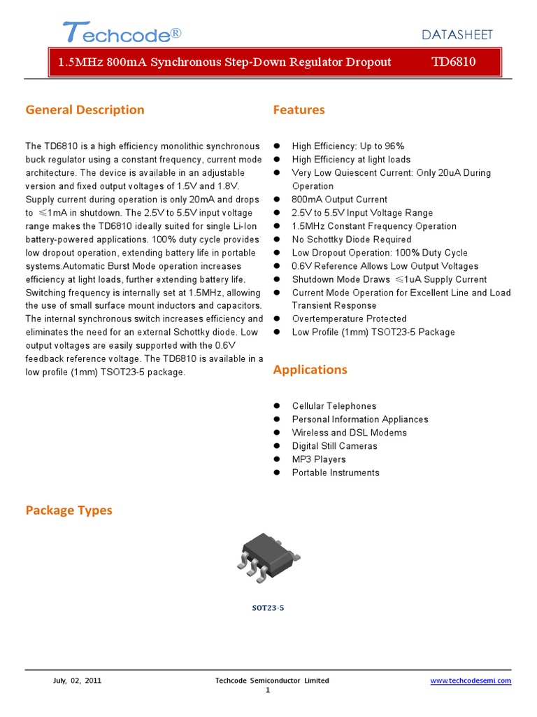 TD6810 1.5MHz 800mA Step-Down Regulator | PDF | Inductor | Capacitor