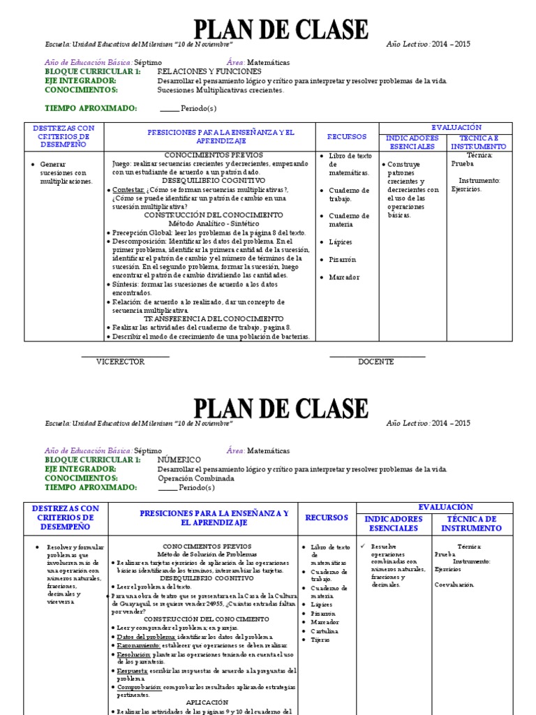 Planes de Leccion de Matematicas 7mo | PDF | Educación primaria | Evaluación