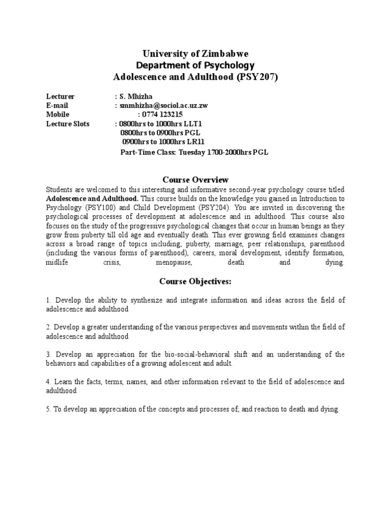 Adolescence and Adulthood Course Outline | PDF | Adolescence | Parenting