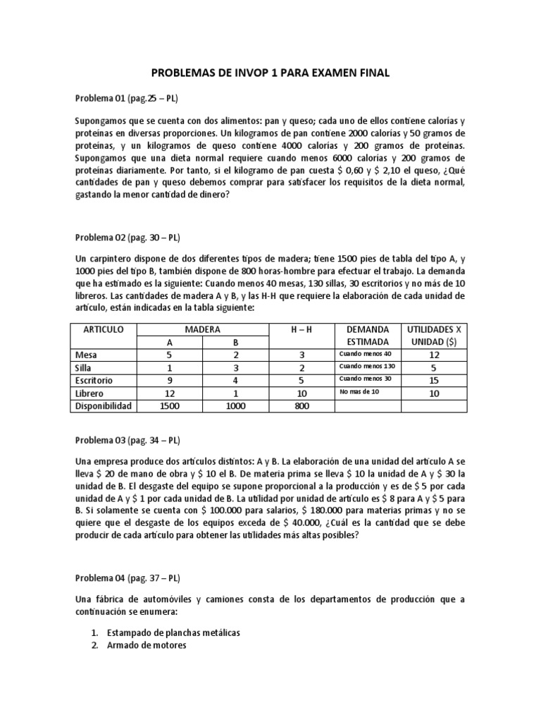 Problemas de Invop 1 para Examen Final | PDF | Coche | Panes