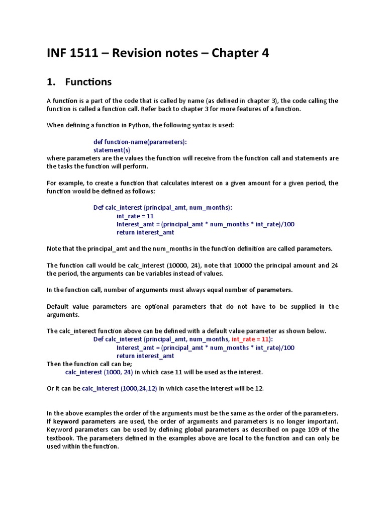 INF1511 - Chapter 4 - Functions and Modules | PDF | Parameter (Computer Programming) | Subroutine