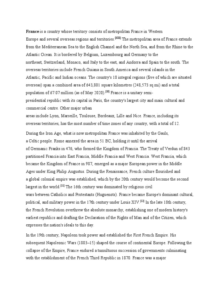 France Is A Country Whose Territory Consists of Metropolitan France in ...