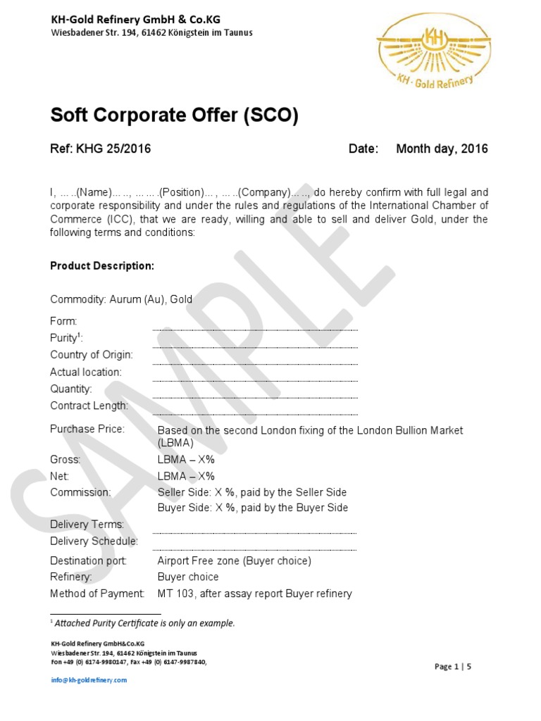 Soft Corporate Offer (SCO) : Ref: KHG 25/2016 Date: Month Day, 2016 ...
