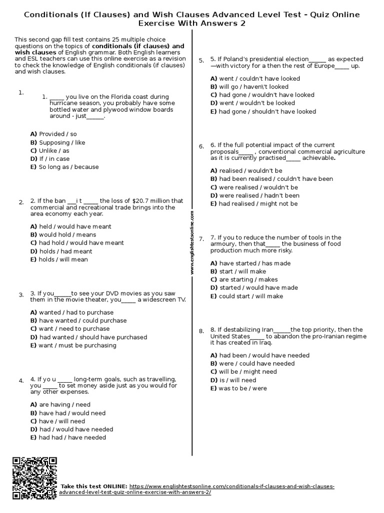 352 - Conditionals If Clauses and Wish Clauses Advanced Level Test Quiz ...