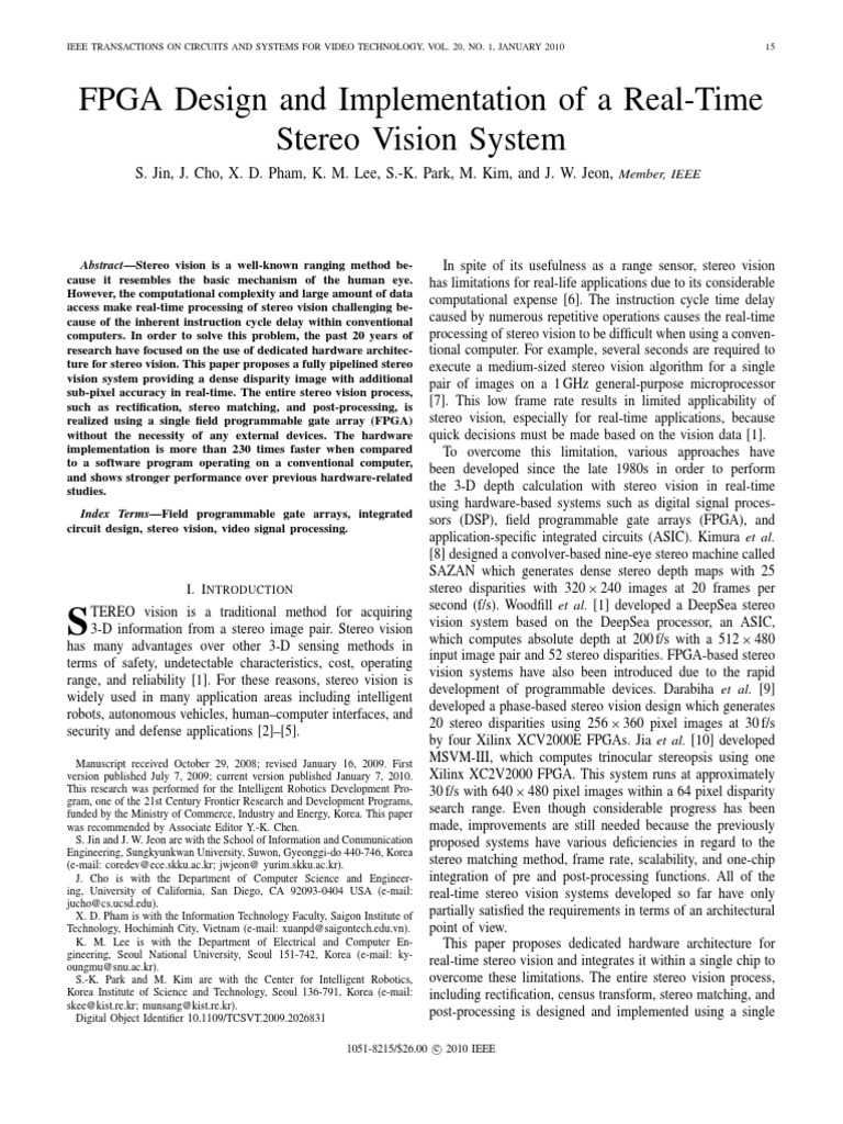Fpga Design And Implementation Of A Real Time Stereo Vision System Pdf Computer Vision