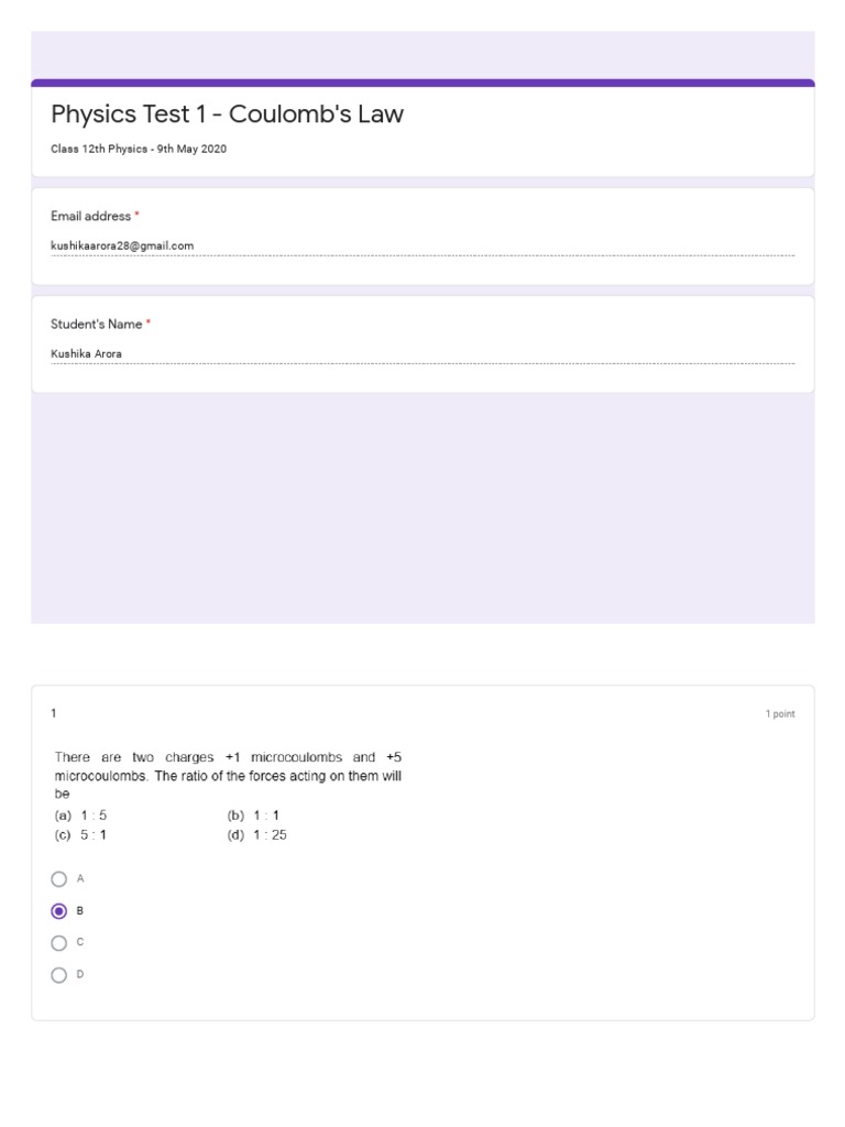 Physics Test 1 - Coulomb's Law - Google Forms Kushika PDF | PDF