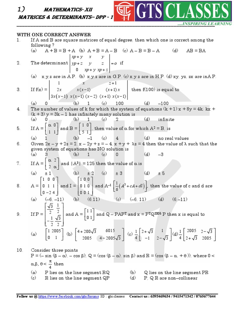Matrices and Determinants Board Level 1 | PDF | Matrix (Mathematics ...