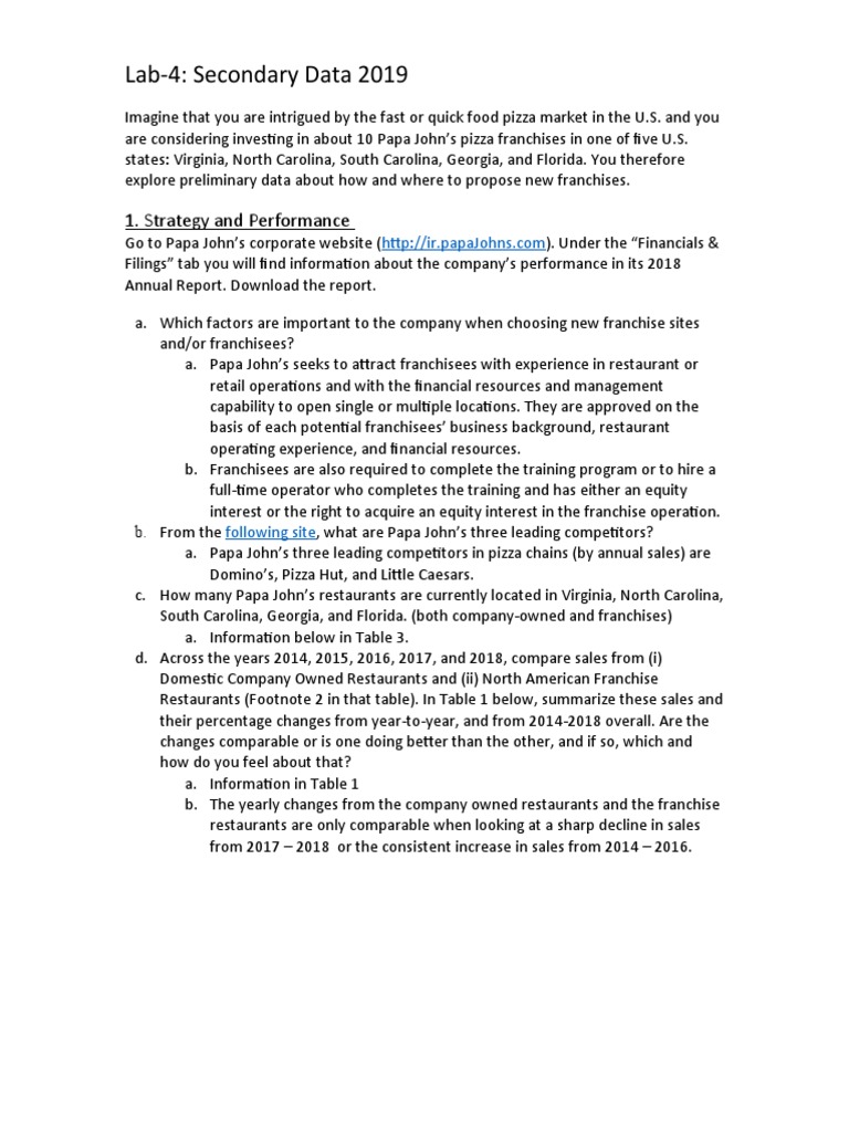 Lab-4, Secondary Data 2019 (Papa Johns) | PDF | Customer Satisfaction | Franchising