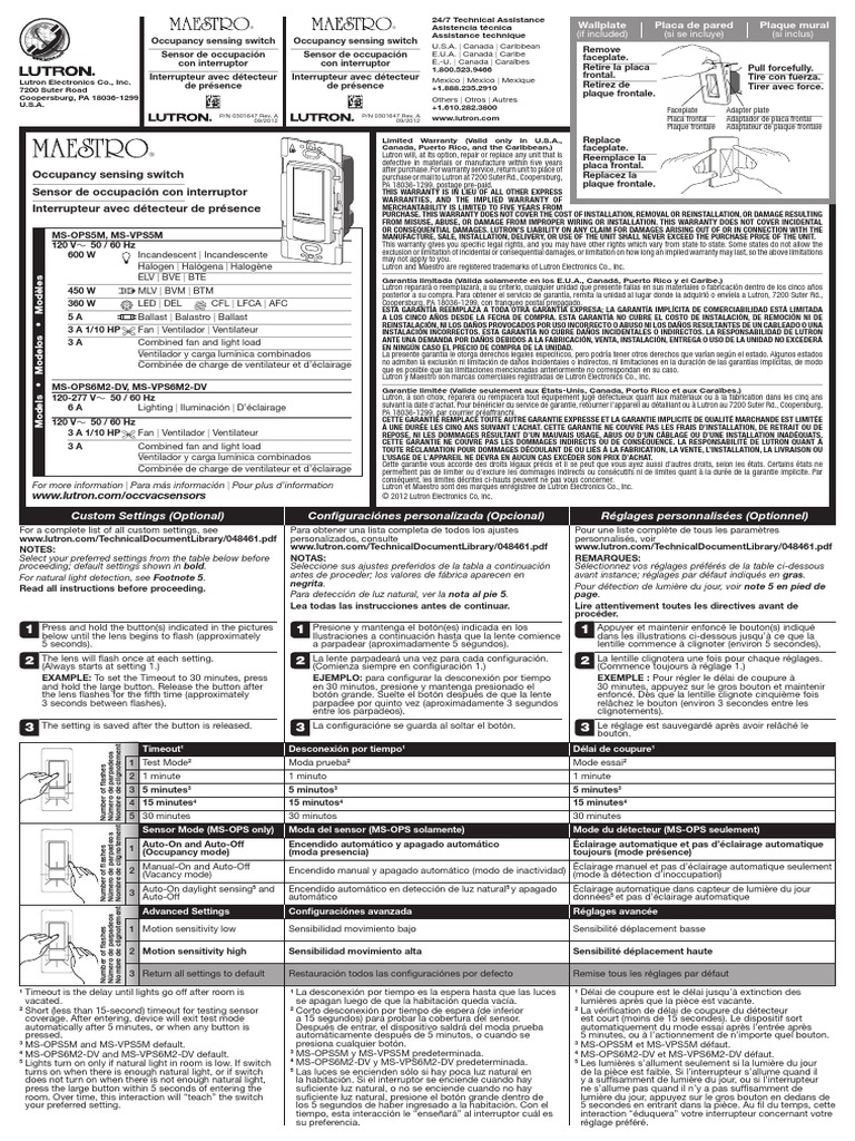 Lutron Maestro Occupancy Sensor 0301647 | PDF | Components | Electrical ...