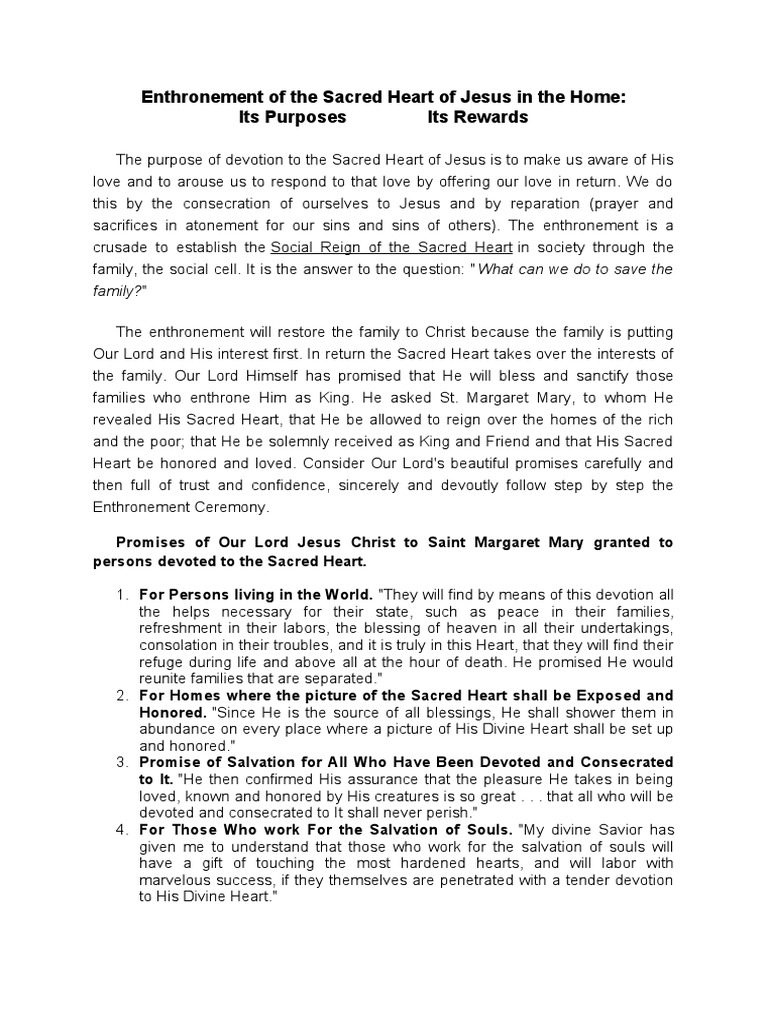 Enthronement of The Sacred Heart of Jesus in The Home: Its Purposes Its ...