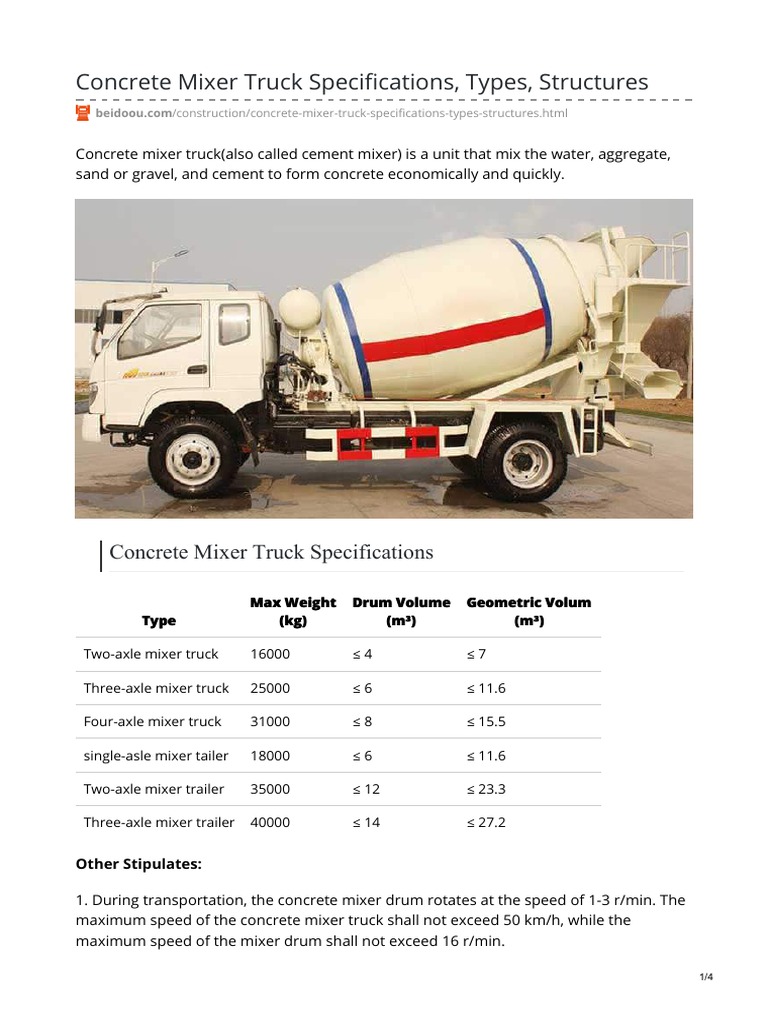 Concrete Mixer Truck Specs and Types | PDF | Truck | Concrete