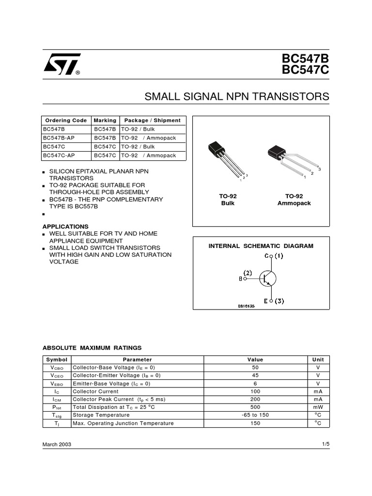 BC547B BC547C: Small Signal NPN Transistors | PDF | Bipolar Junction Transistor | Transistor