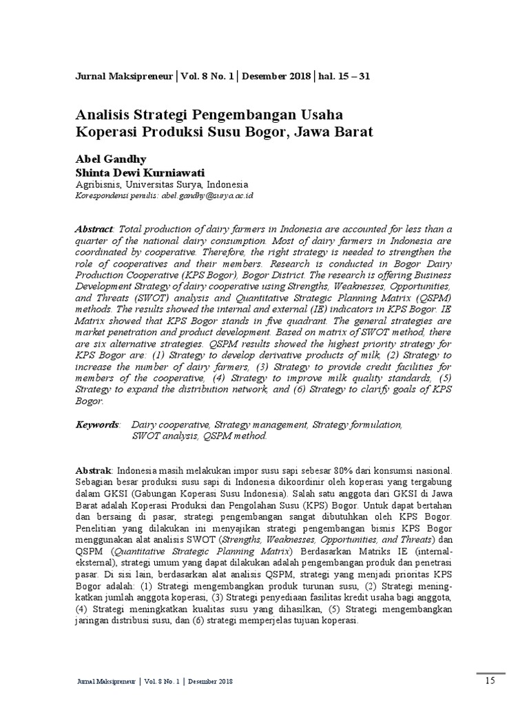 Analisis Strategi Pengembangan Usaha Koperasi Produksi Susu Bogor, Jawa ...