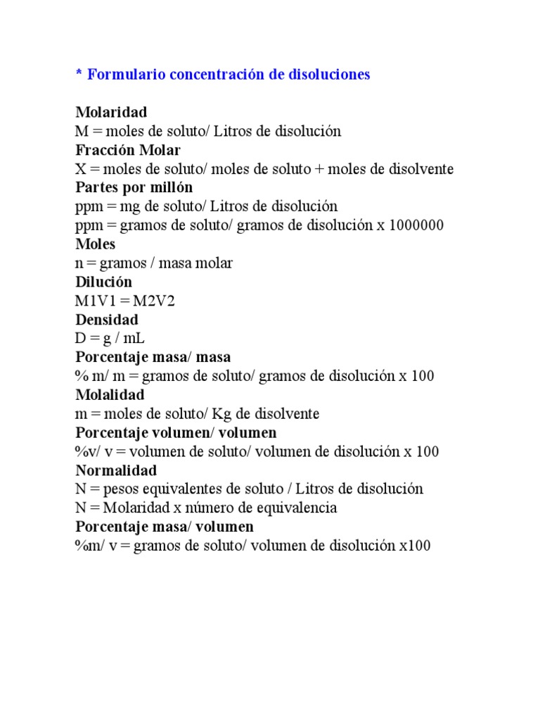 Formulas de Concentración de Disoluciones | PDF