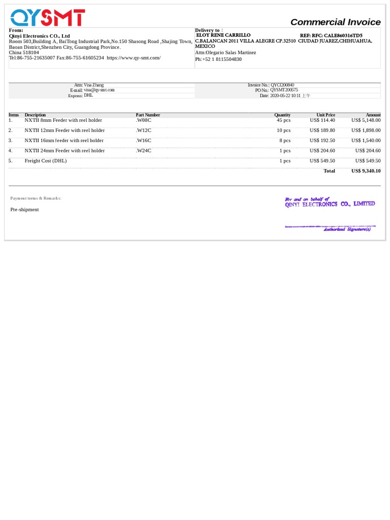 Commercial Invoice: Attn: Visa Zhang Invoice No.: QYCI200840 PO No ...