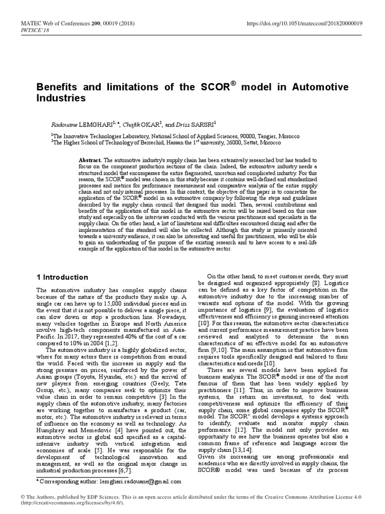 Benefits and Limitations of The SCOR Model in Automotive Industries ...