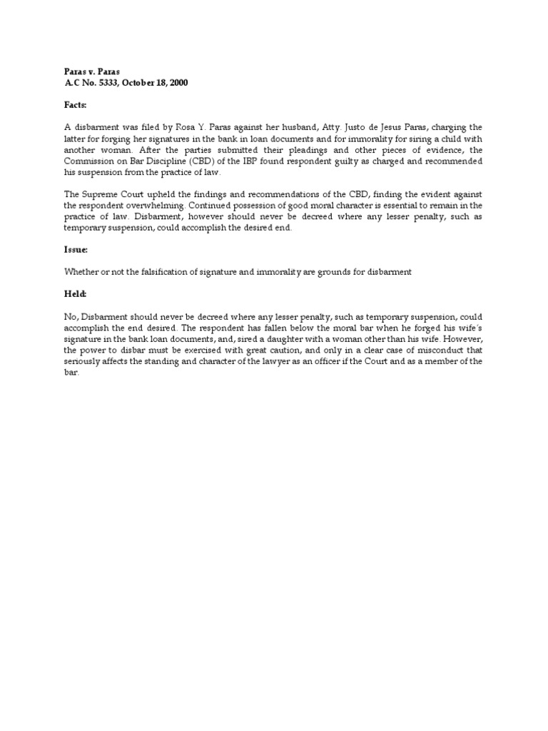 Paras v. Paras A.C No. 5333, October 18, 2000 Facts | PDF