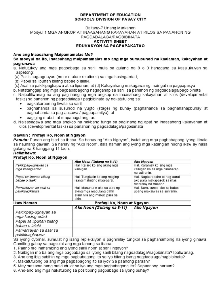 ESP 7 Unang Markahan Activity Sheets | PDF