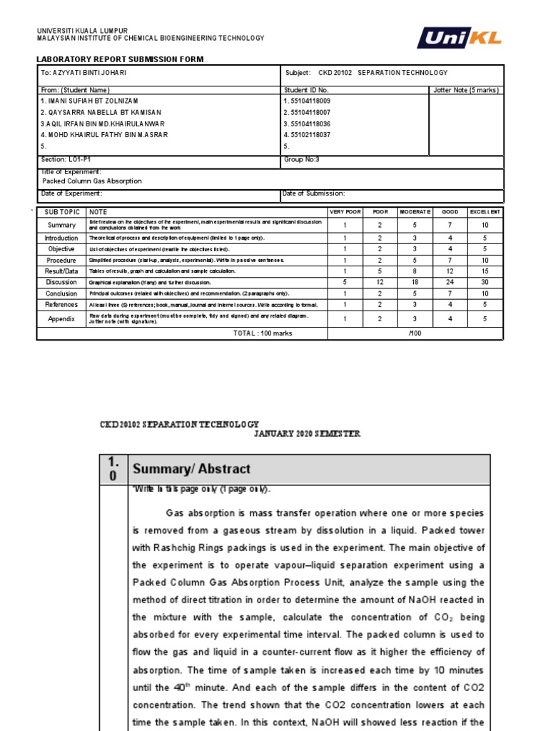 Lab Report Gas Absorption | PDF | Titration | Chemistry