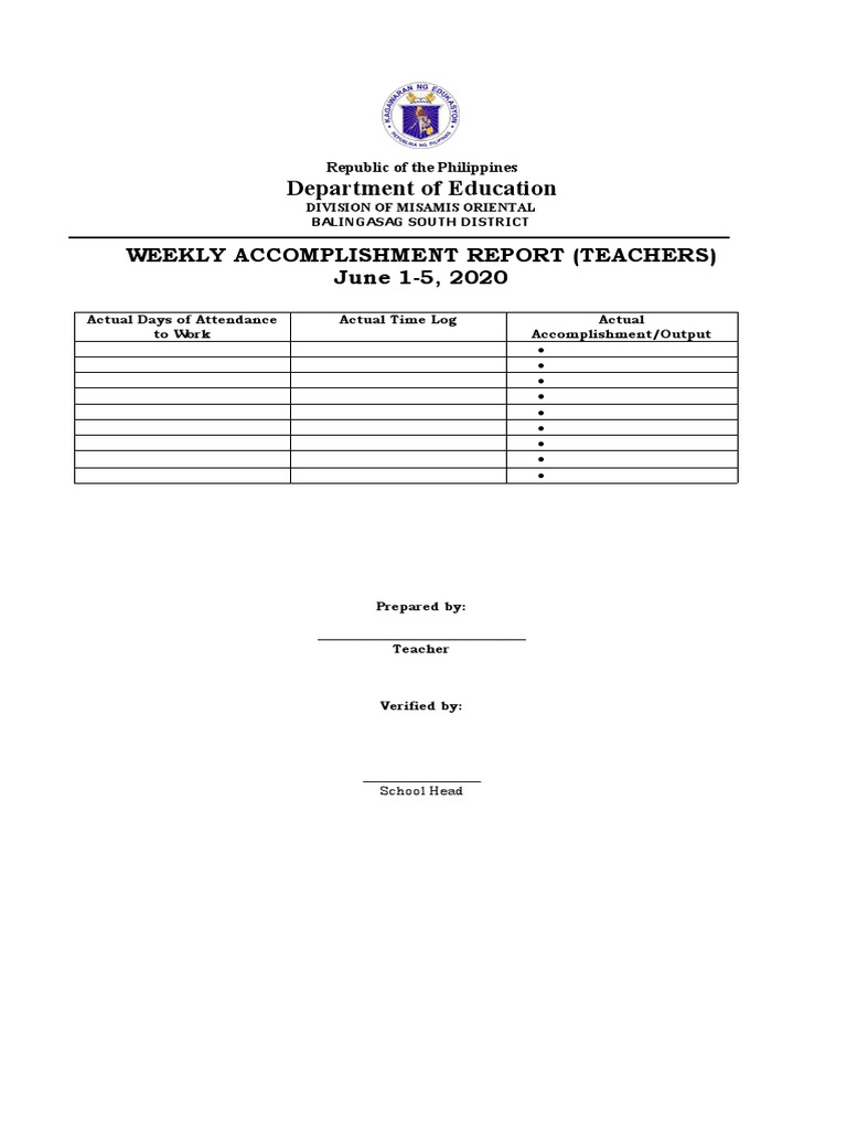 Weekly Accomplishment Report Teachers | PDF