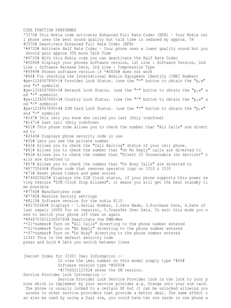 Nokia Secret Codes | PDF | Short Message Service | Mobile Technology