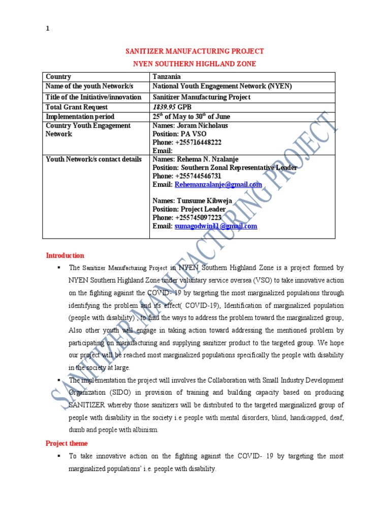 Sanitizer Project Proposal | PDF | Disability | World Health Organization