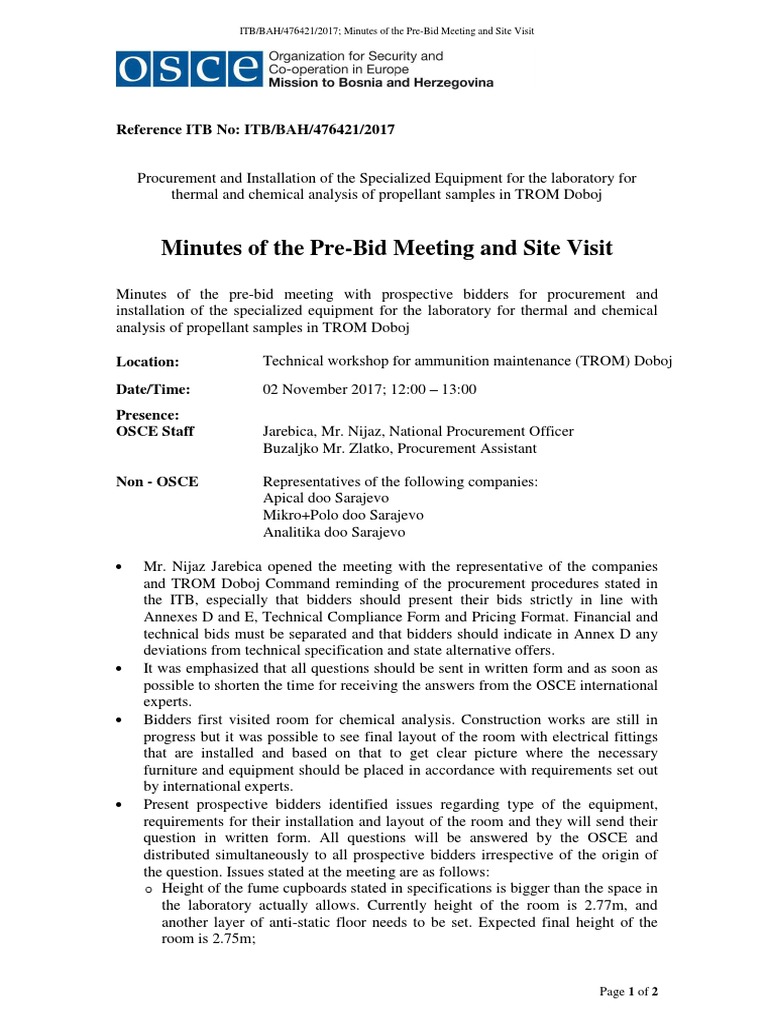 Minutes of The Pre-Bid Meeting and Site Visit: Reference ITB No: ITB ... Minutes of The Pre-Bid Meeting and Site Visit: Reference ITB No: ITB ...