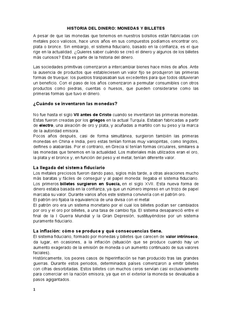 Historia Del Dinero | PDF | Monedas | Billete de banco