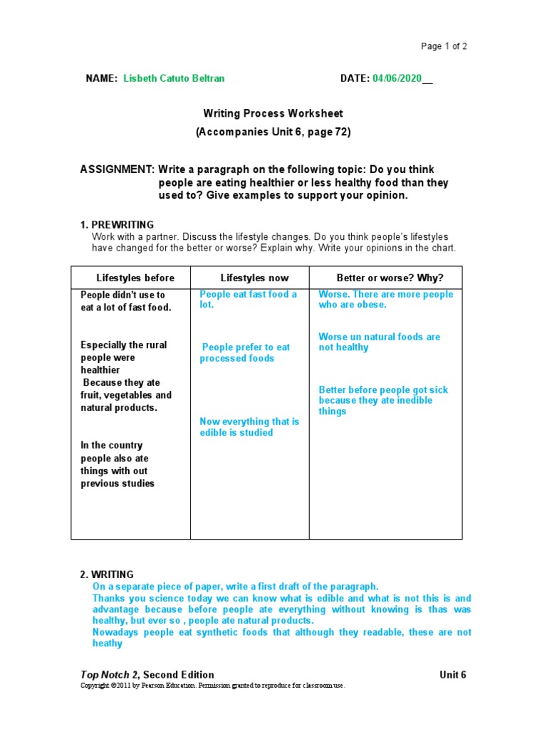 Writing Process Worksheet (Accompanies Unit 6, Page 72) : Lisbeth ...