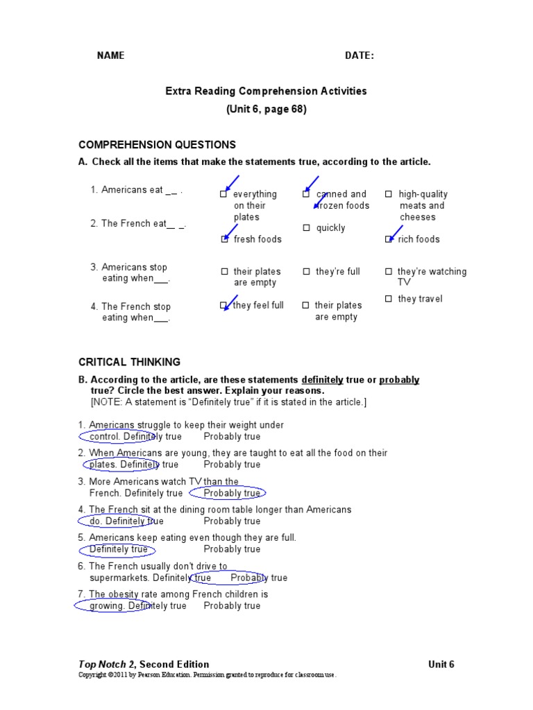 Extra Reading Comprehension Activities (Unit 6, Page 68) : Name Date ...
