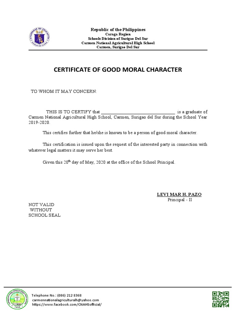 Certificate of Good Moral Character: Republic of The Philippines | PDF